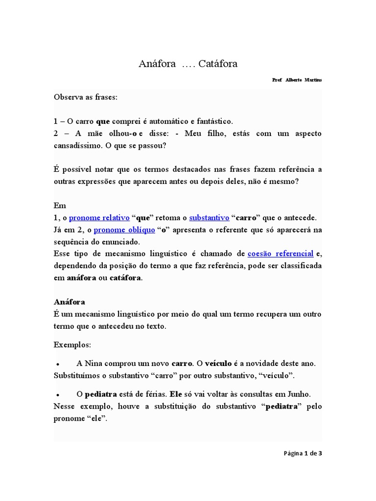 Anáfora, Catáfora, Endofórica, Exofórica | PDF | Pronome | Linguística