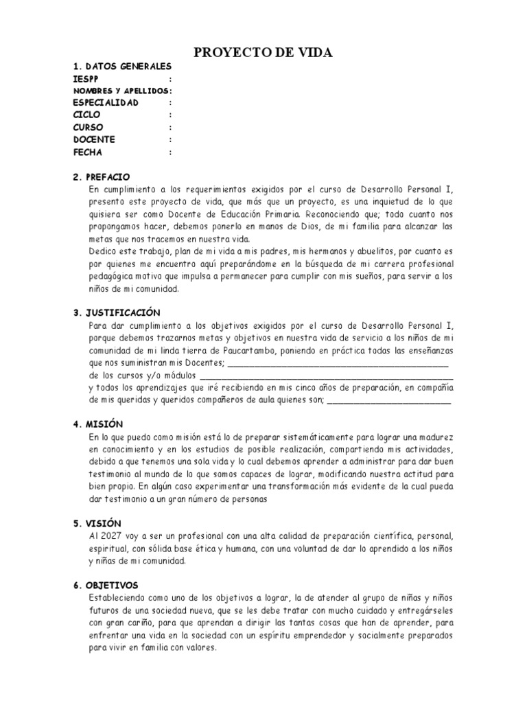Propuesta De Esquema De Proyecto De Vida I Ciclo Pdf Maestros