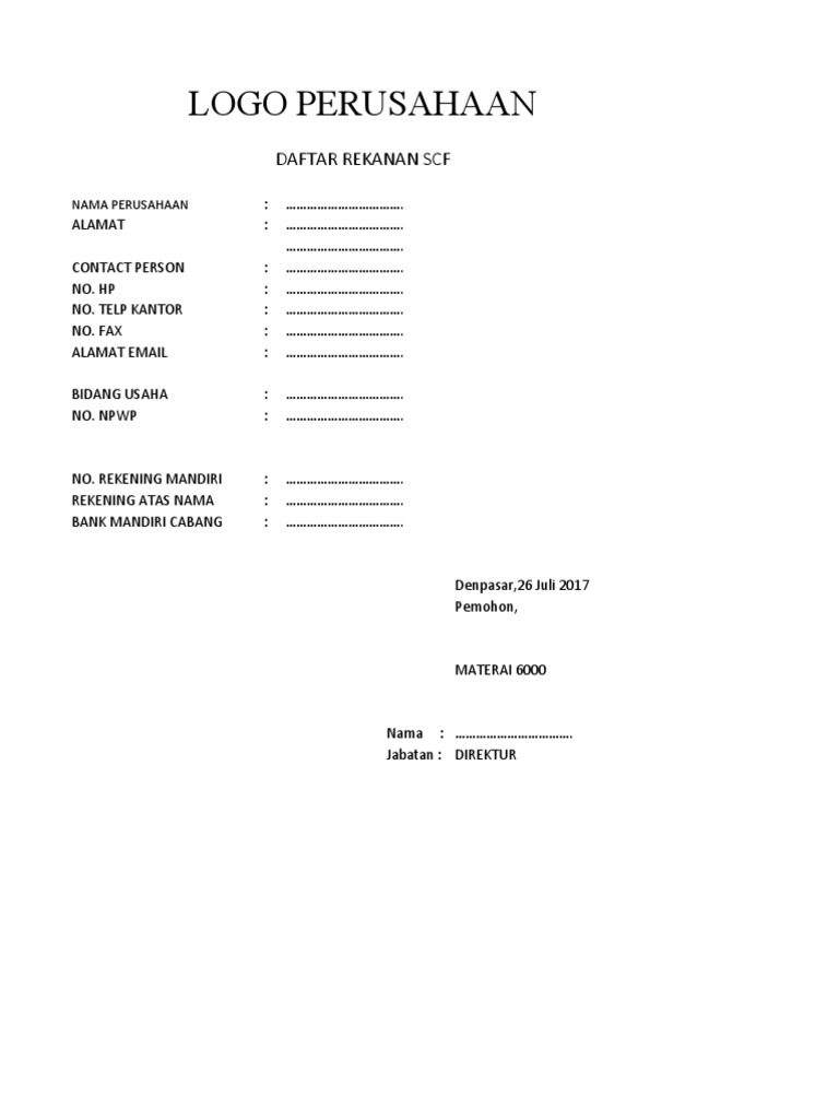 4.form Daftar Rekanan SCF (Mandiri - Bri.bni Masing2 Rangkap 2) | PDF ...