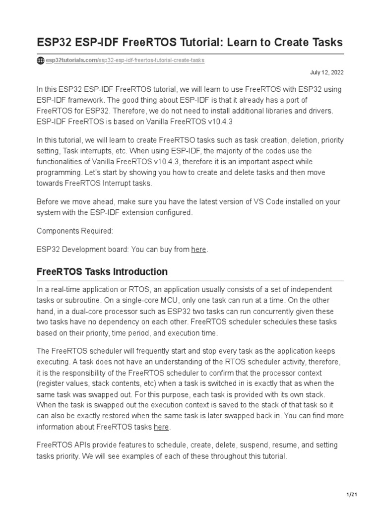 ESP32 ESP-IDF FreeRTOS Tutorial Learn To Create Tasks | PDF