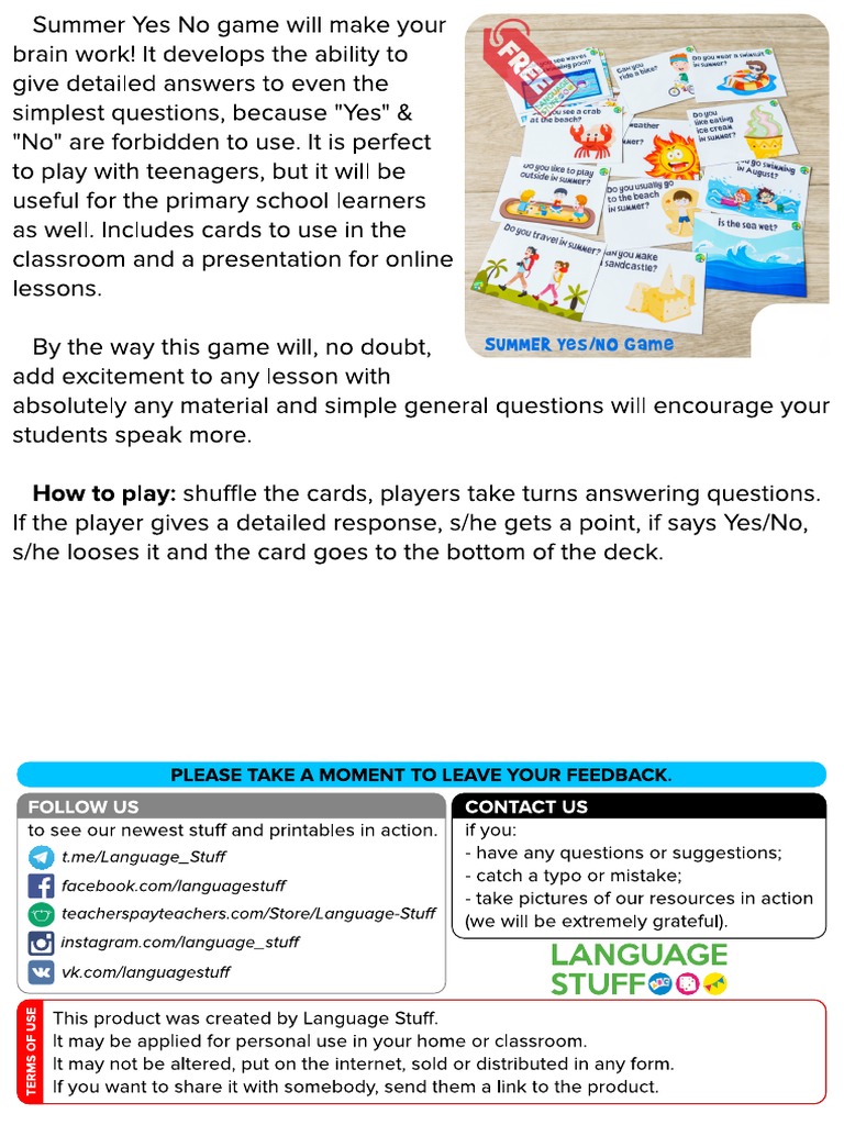 Summer YesNo Game LanguageStuff | PDF