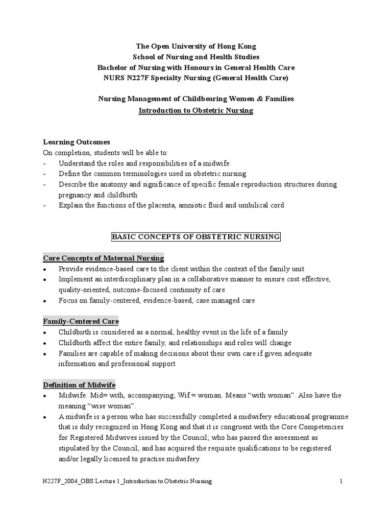 N227F - 2004 - OBS Lecture 1 - Introduction To Obstetric Nursing ...