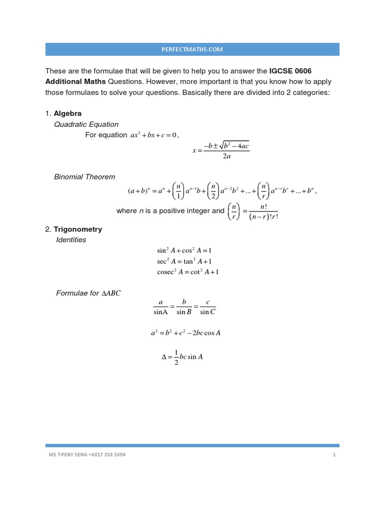 Formulae For IGCSE 0606 Additional Maths Exam | PDF | Teaching Methods ...