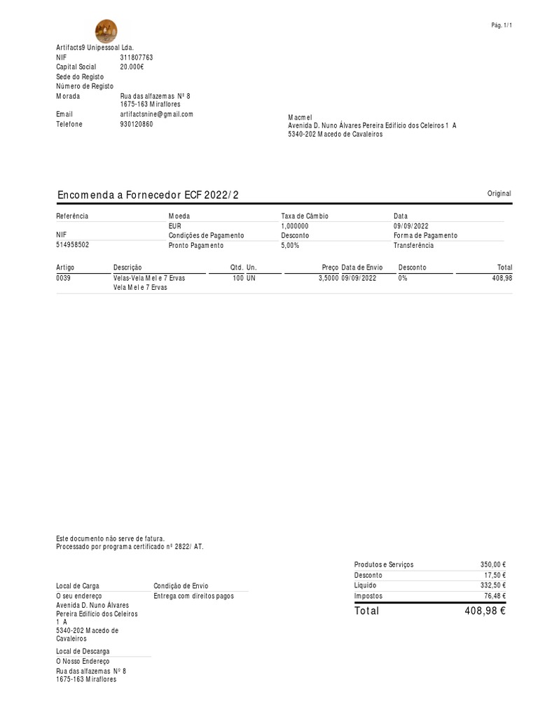 Encomenda A Fornecedor ECF 2022 - 2 | PDF