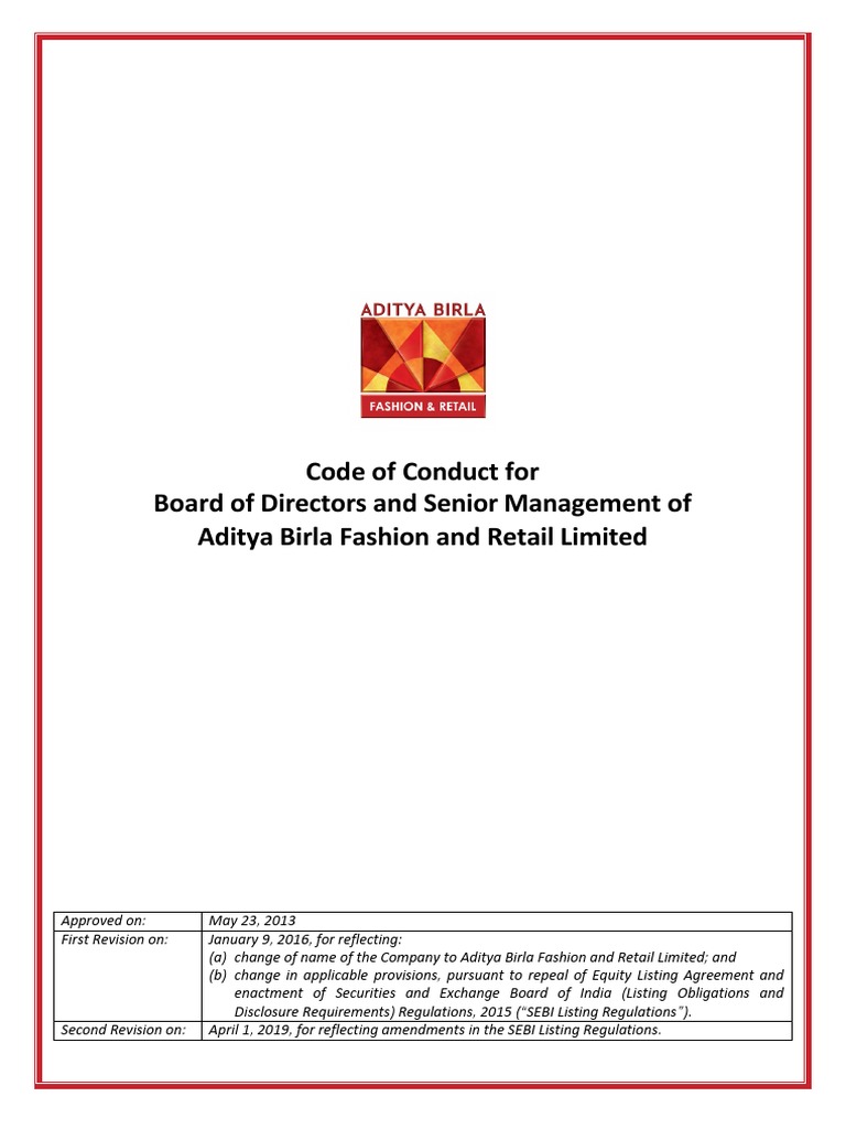 Code of Conduct For Board of Directors and Senior Management of Aditya ...