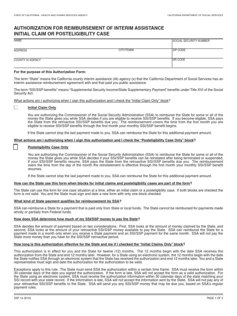 Authorization For Reimbursement of Interim Assistance Initial Claim or Posteligibility Case SSP ...