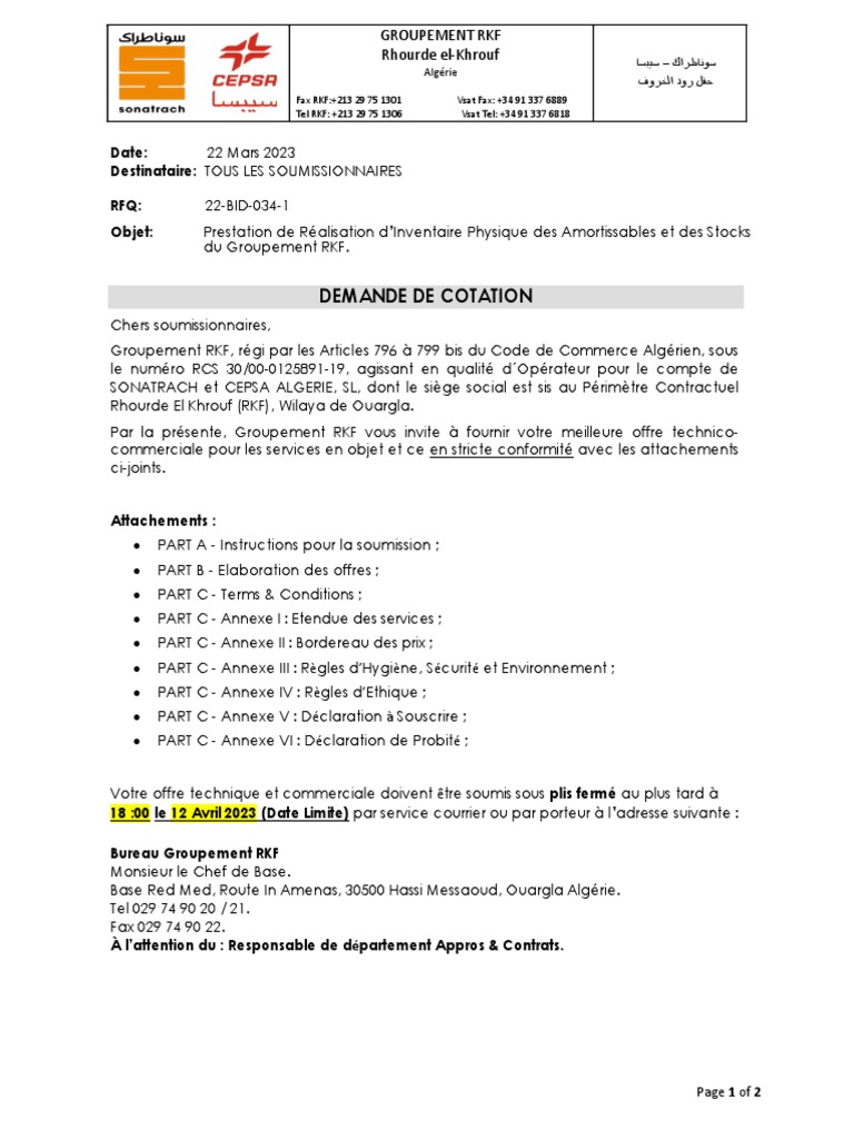 01 - Lettre de Demande de Cotation | PDF