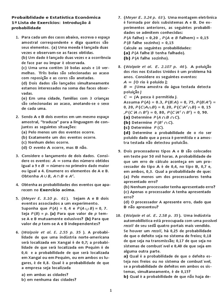 1 Lista de Exercícios - Probabilidade | PDF | Tinta