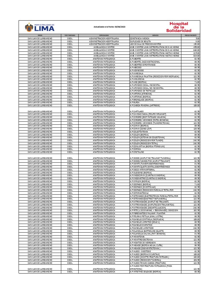 Tarifario SJL | PDF | Tratamientos médicos | Morfología (biología)