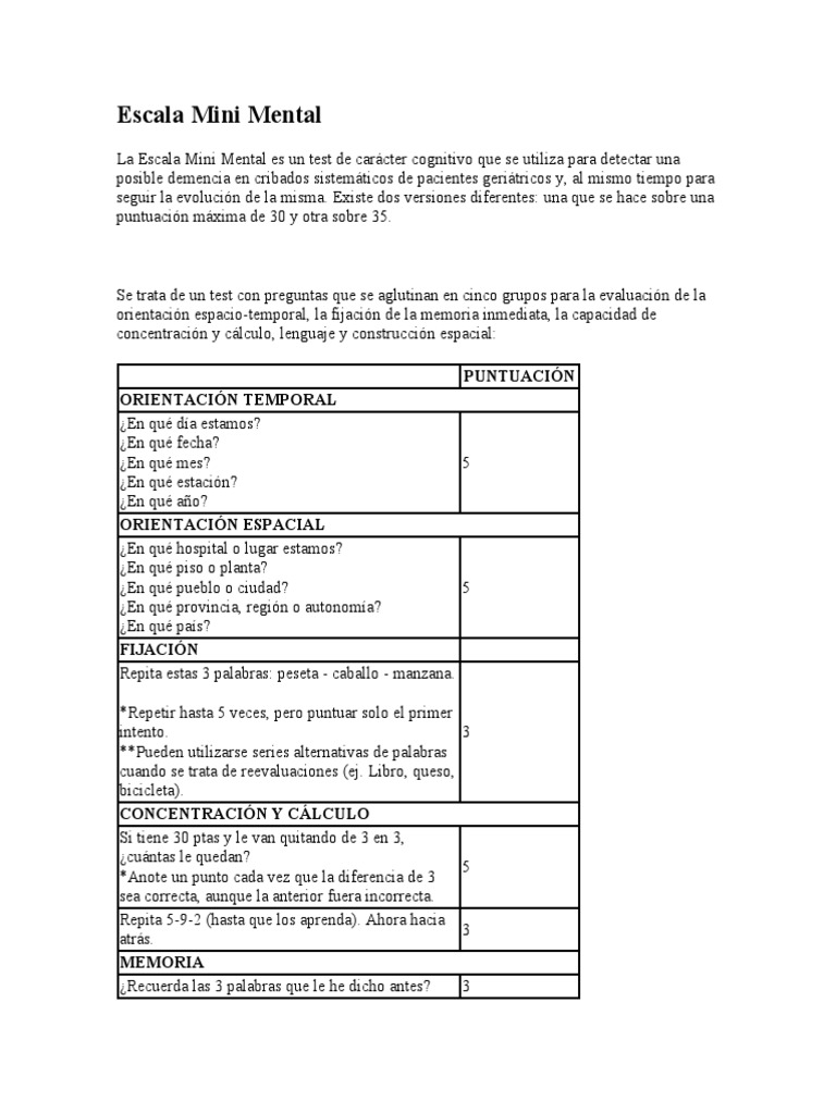 Escala Mini Mental | PDF | Demencia | Memoria