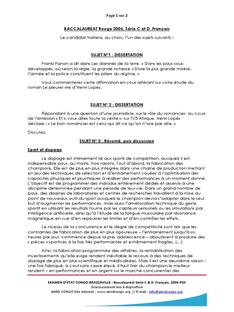 Bac 2006 : Sujets et Corrigés Français | PDF | Des sports | Dopage (sport)