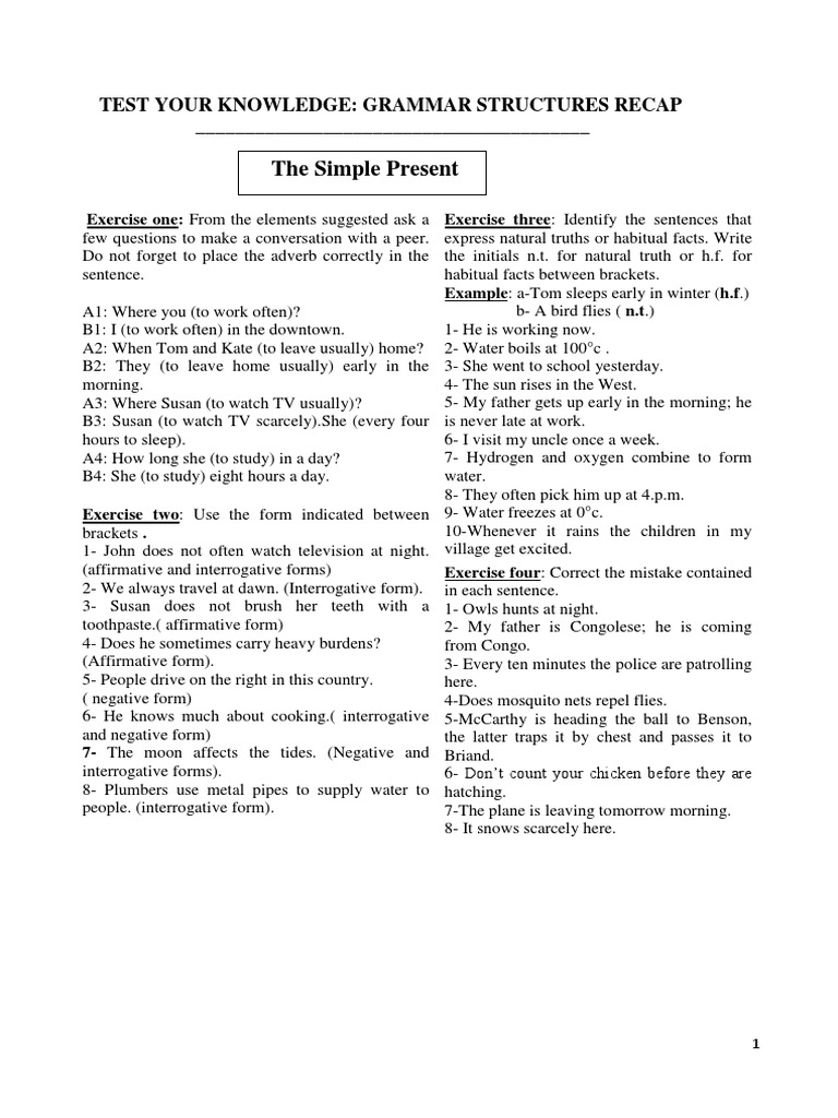 The Simple Present: Test Your Knowledge: Grammar Structures Recap | PDF ...