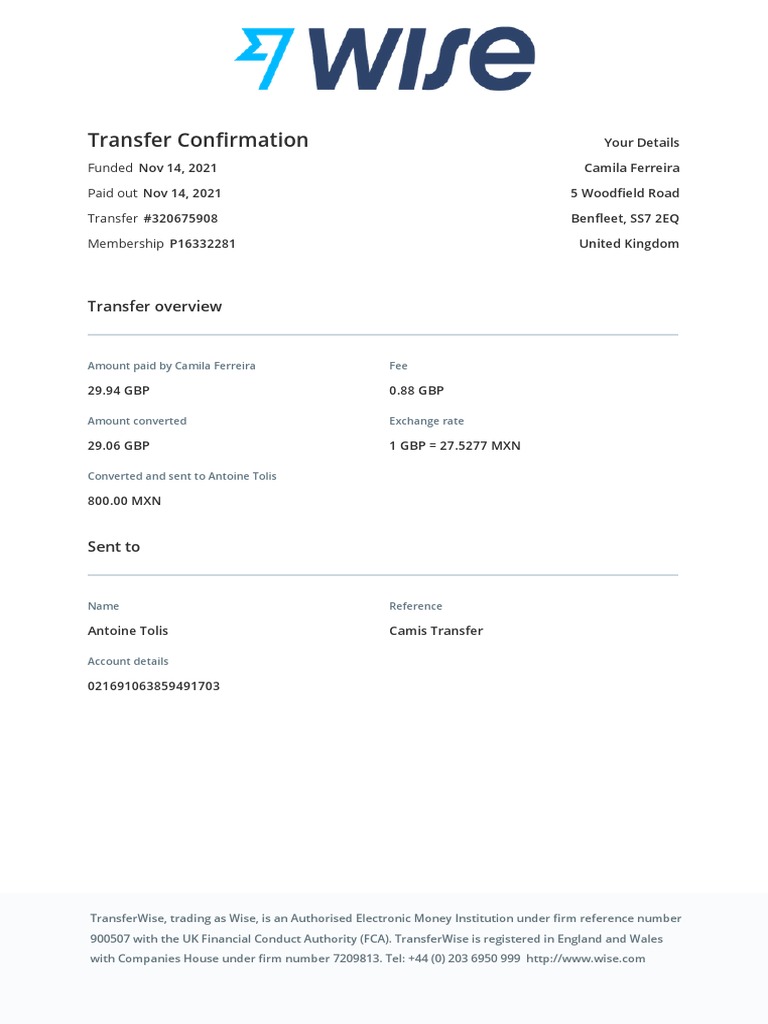 Wise Transfer Confirmation Details | PDF