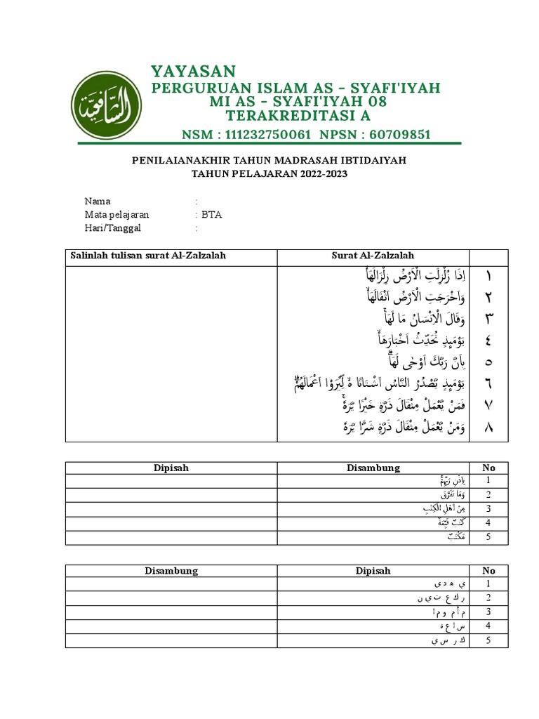 Soal Pas Bta Kelas 3 | PDF
