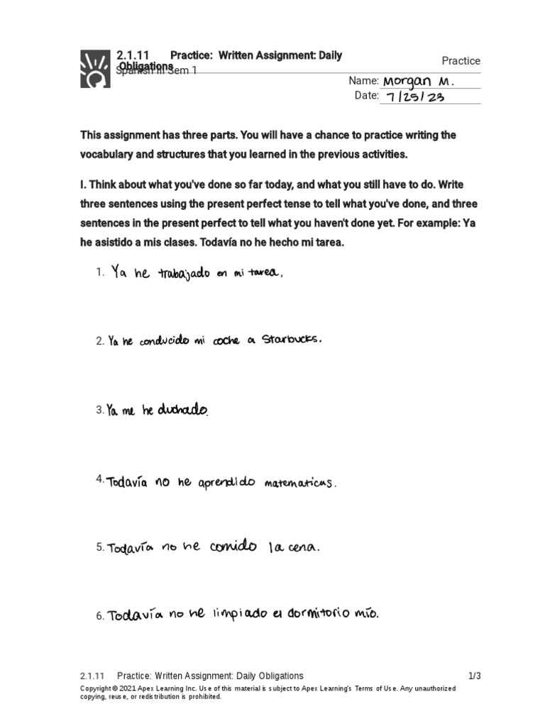 2.1.11 Practice - Written Assignment - Daily Obligations (Practice) | Download Free PDF | Syntax ...