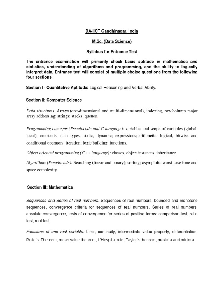 MSC DS Entrance Test Syllabus | PDF | Matrix (Mathematics ...