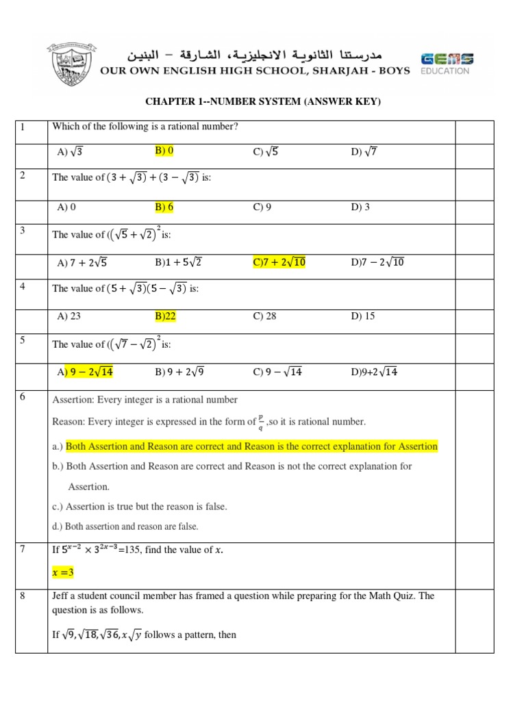 Number System Worksheet Answer Key | PDF