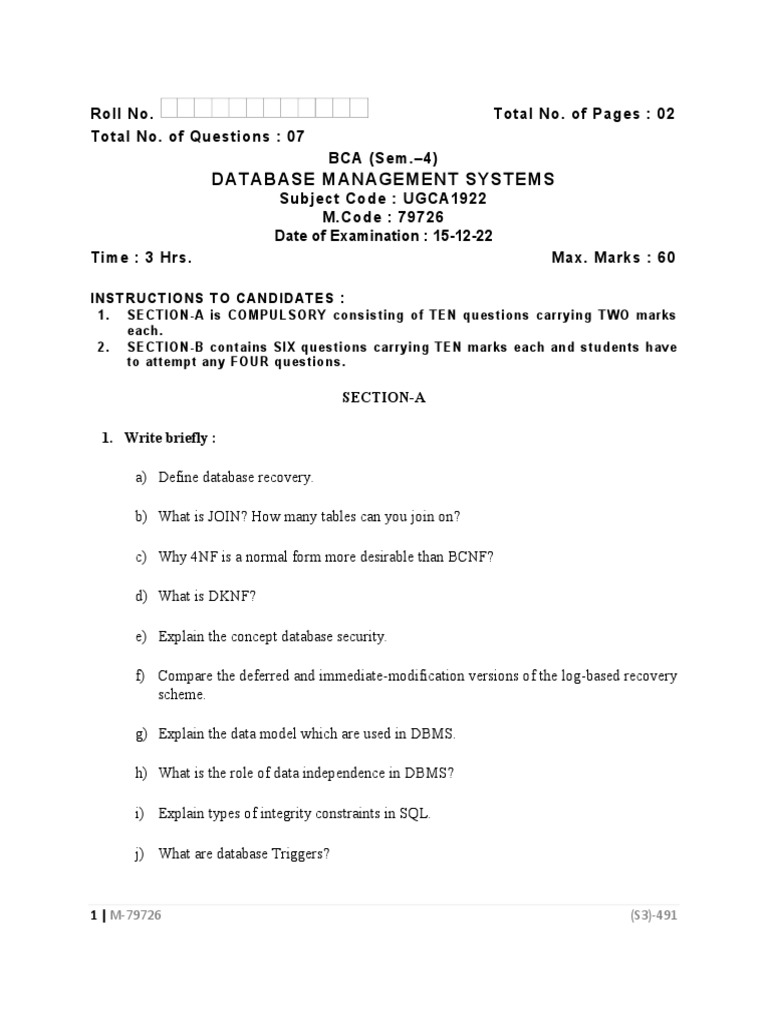 Bca 4 Sem Database Management Systems 79726 Dec 2022 | PDF | Databases | Sql