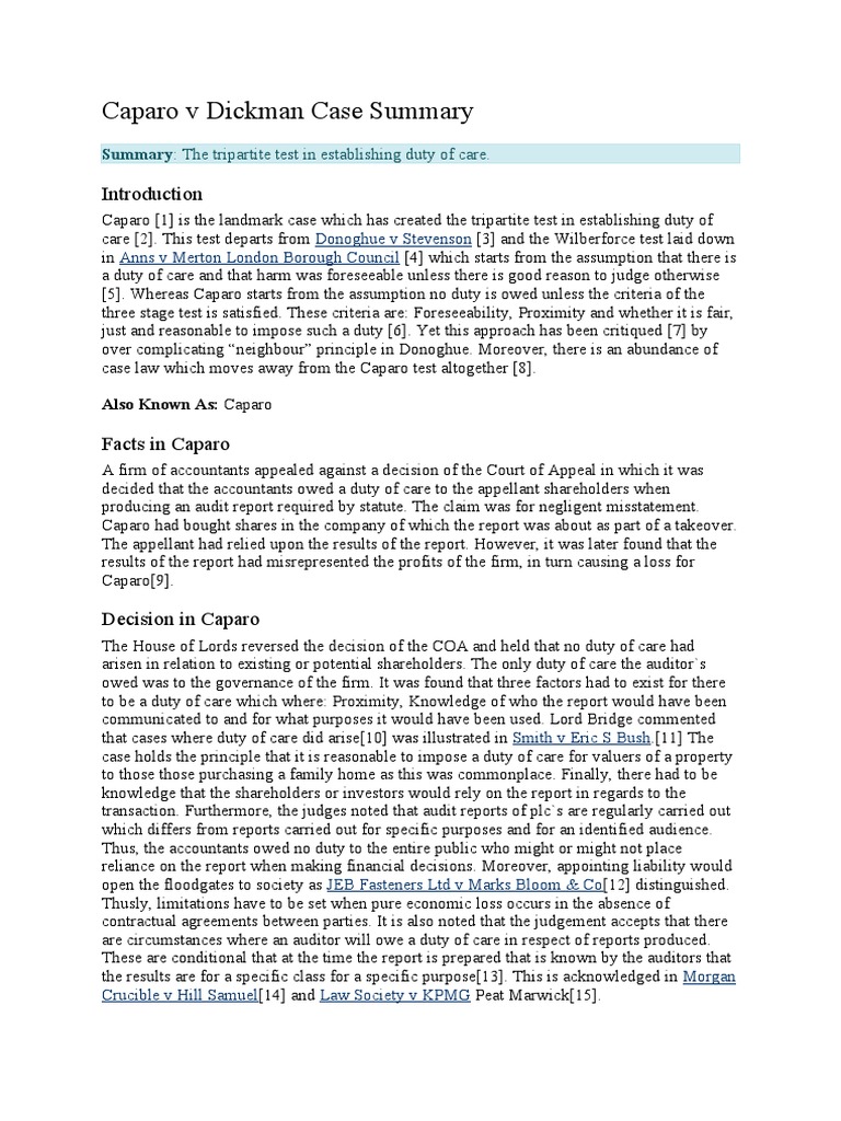 Caparo v Dickman Duty of Care Summary | PDF