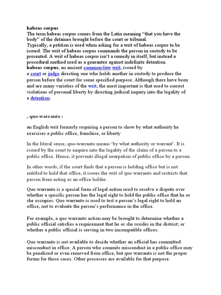 Habeas Corpus Quo Warrantu Etc Pdf Certiorari Mandamus