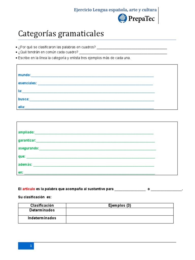 Ejercicio de Categorías gramaticales | PDF | Sustantivo | Palabra