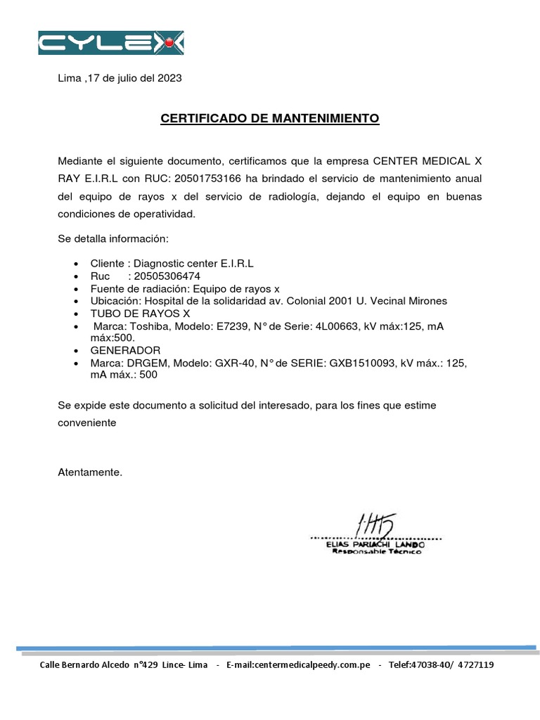 Certificado De Mantenimiento De Equipo 2023 Pdf