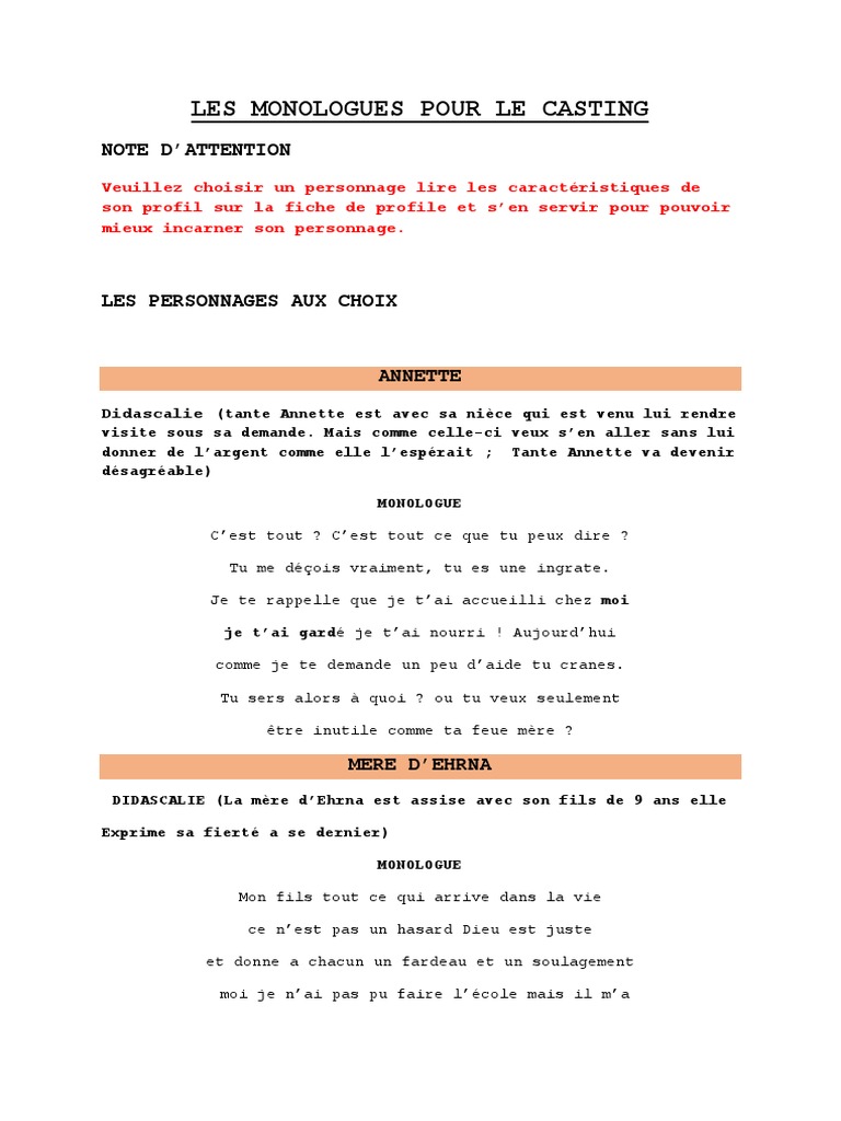 Le Monologues Pour Le Casting | PDF