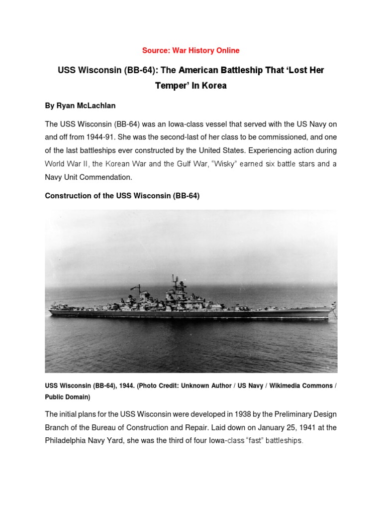 USS Wisconsin (BB-64) The American Battleship That Lost Her Temper' in ...