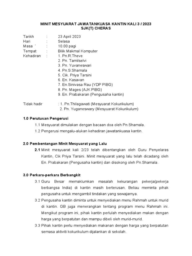 Minit Mesyuarat 3 Kantin | PDF