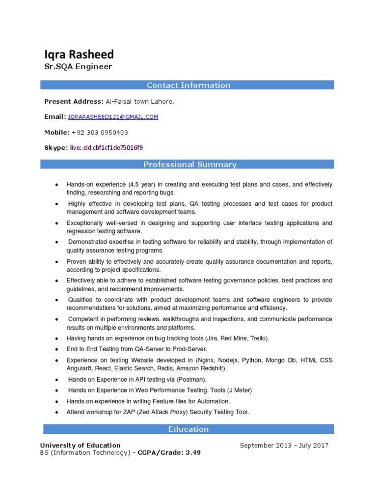 IqraResheed SQAE Resume | PDF | Software | Computer Science