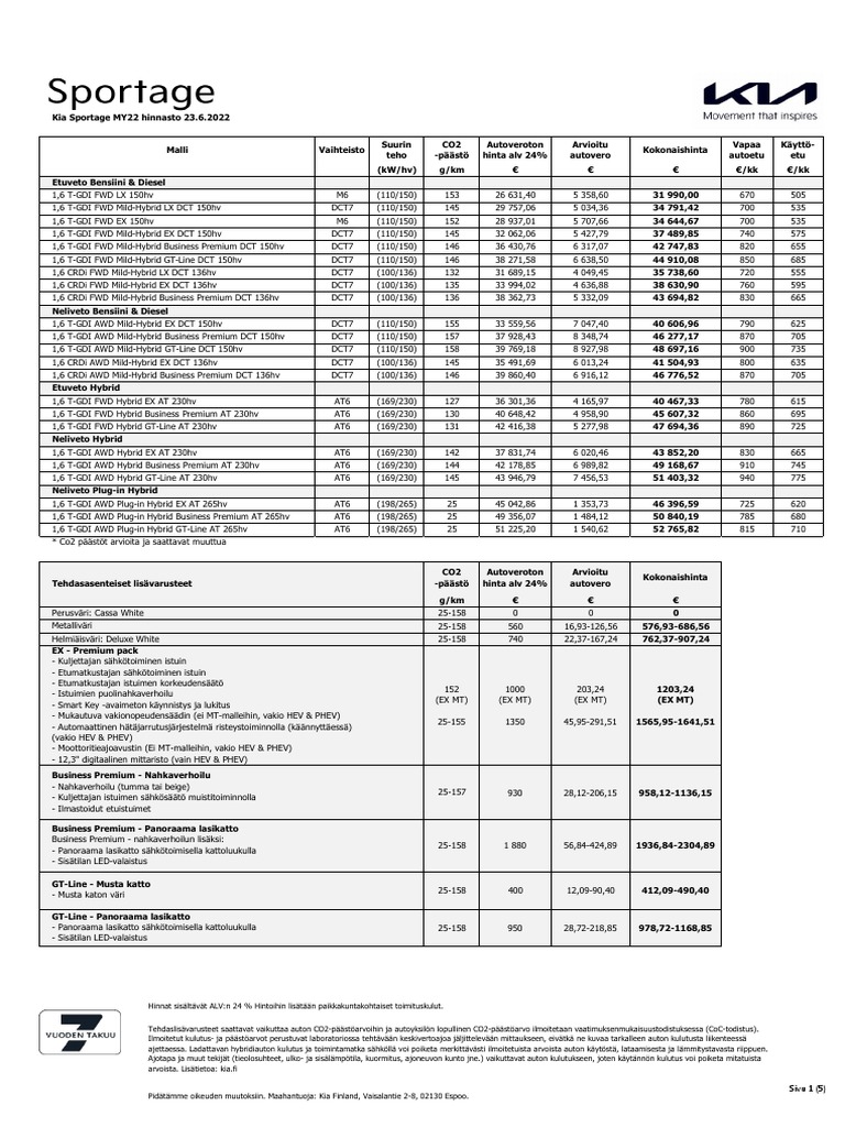 Kia Sportage MY22 Hinnasto 23 - 6 - 2022 | PDF