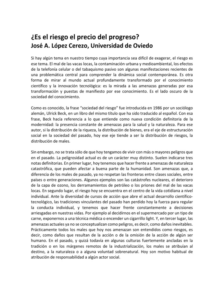 ¿Es El Riesgo El Precio Del Progreso | PDF