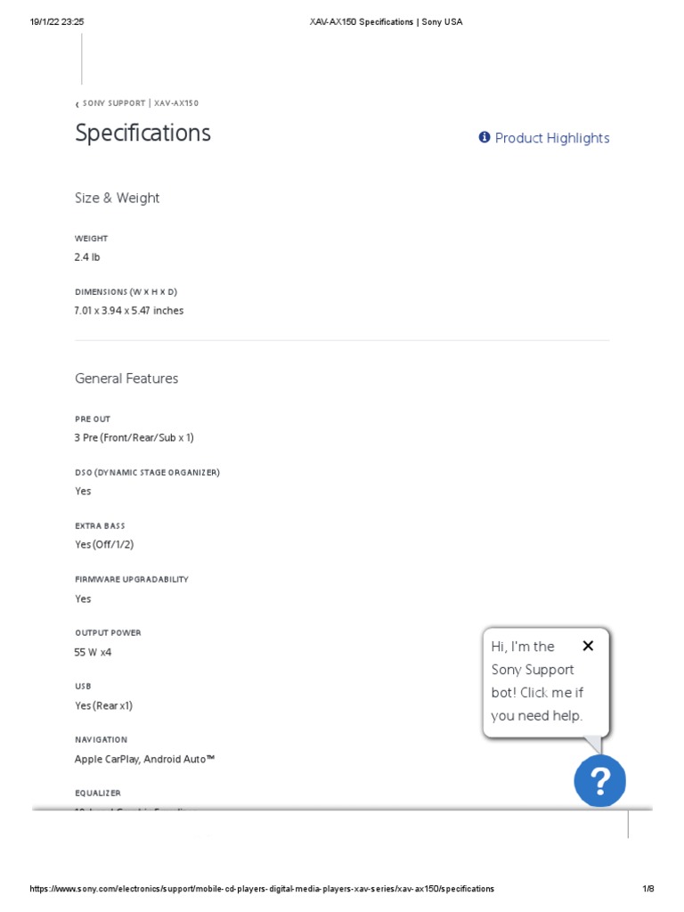 XAV-AX150 Specifications - Sony USA | PDF | Computer Monitor ...
