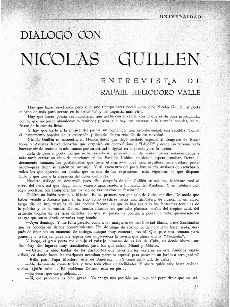 Entrevista A Nicolás Guillén - Heliodoro Valle | PDF