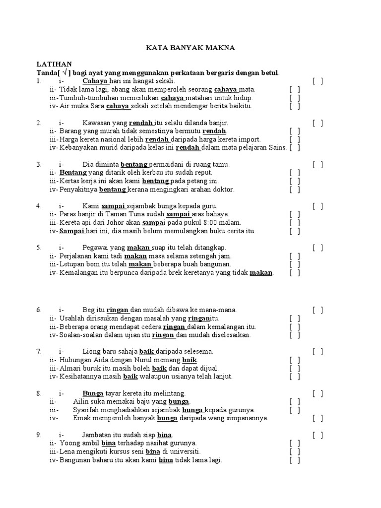 Ting 2 - April 1 (Latihan - Kata Banyak Makna) | PDF