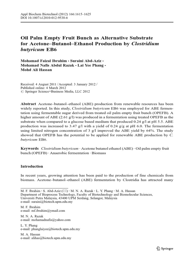 18 Oil Palm Empty Fruit Bunch as Alternative Substrate for Acetone–Butanol–Ethanol Production by ...