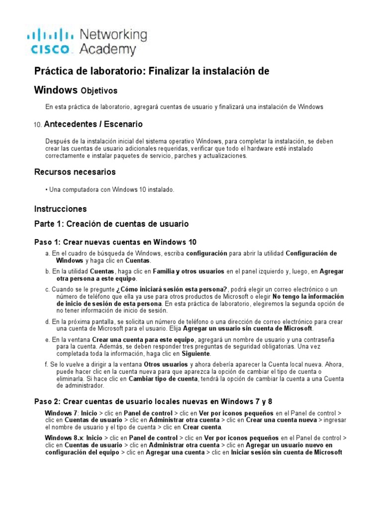 10.3.1.4 Lab - Finalize The Windows Installation | PDF | Microsoft Windows | Usuario (informática)