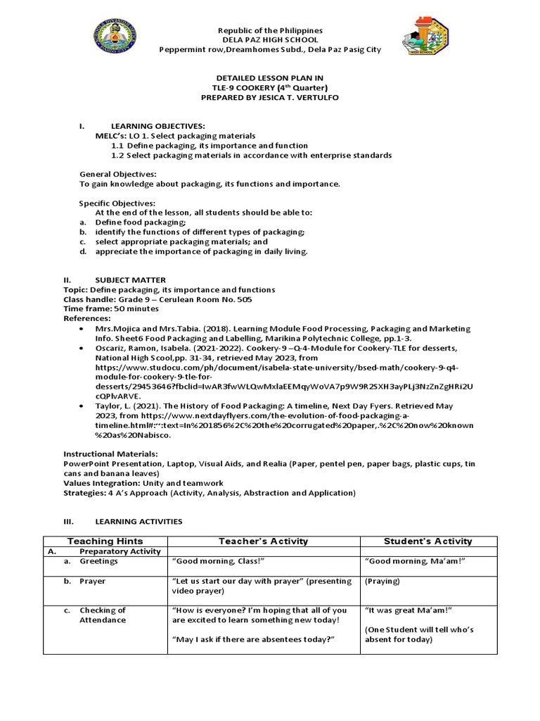 Detailed Lesson Plan in Food Packaging | PDF | Packaging And Labeling ...