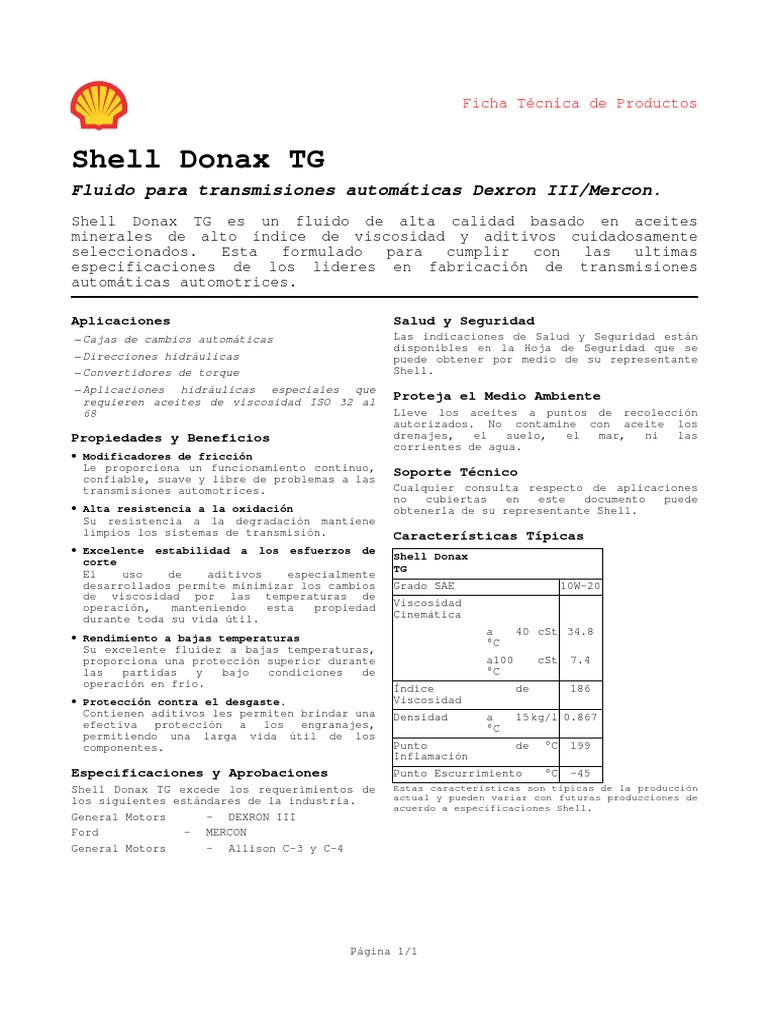 Shell Donax TG: Fluido Dexron III | PDF | Viscosidad | Petróleo