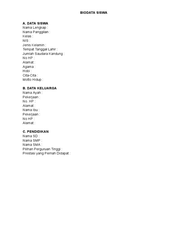 Biodata Siswa (BK) - 1 | PDF