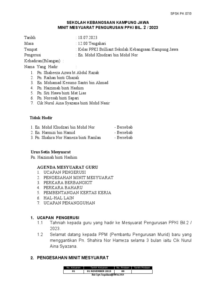 Minit Mesyuarat Guru Bil 2 2023 | PDF