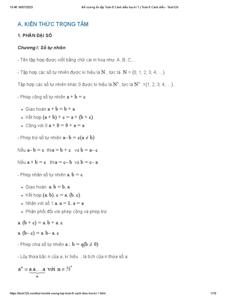 Đề cương ôn tập Toán 6 Cánh diều học kì 1 - Toán 6 Cánh diều - Tech12h | PDF