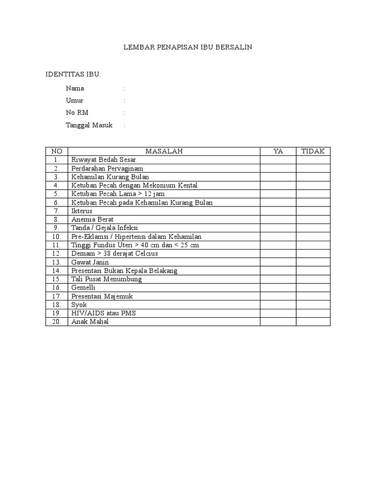 Lembar Penapisan Ibu Bersalin-1 | PDF