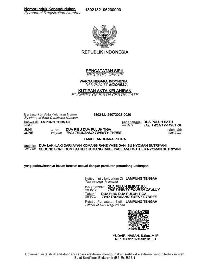 Kutipan Akta Kelahiran Anggara Putra | PDF