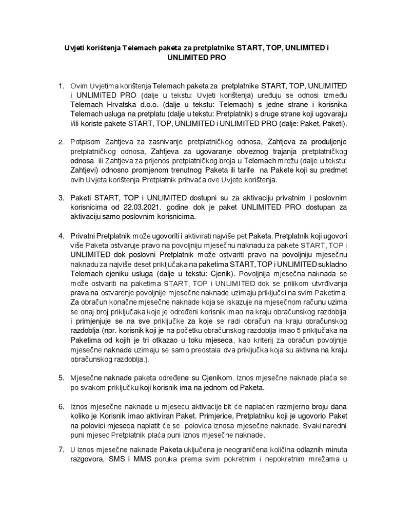 Uvjeti Koristenja Telemach Paketkkkkja Za Pretplatnike START TOP UNLIMITED I UNLIMITEDPRO | PDF