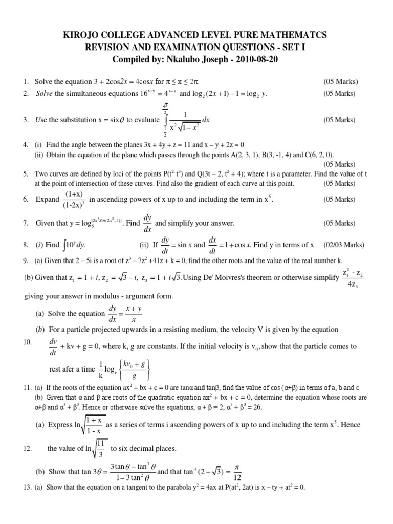 Advanced Level Pure Maths Questions | PDF