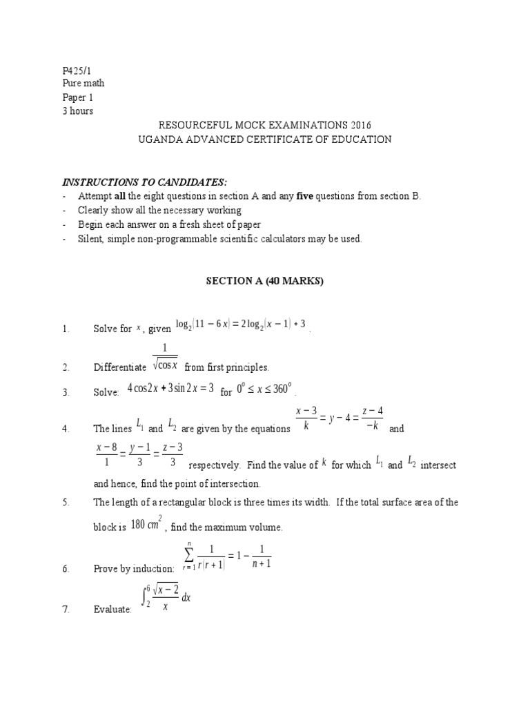 Uganda 2016 Pure Math Exam Paper | PDF | Euclid | Mathematics