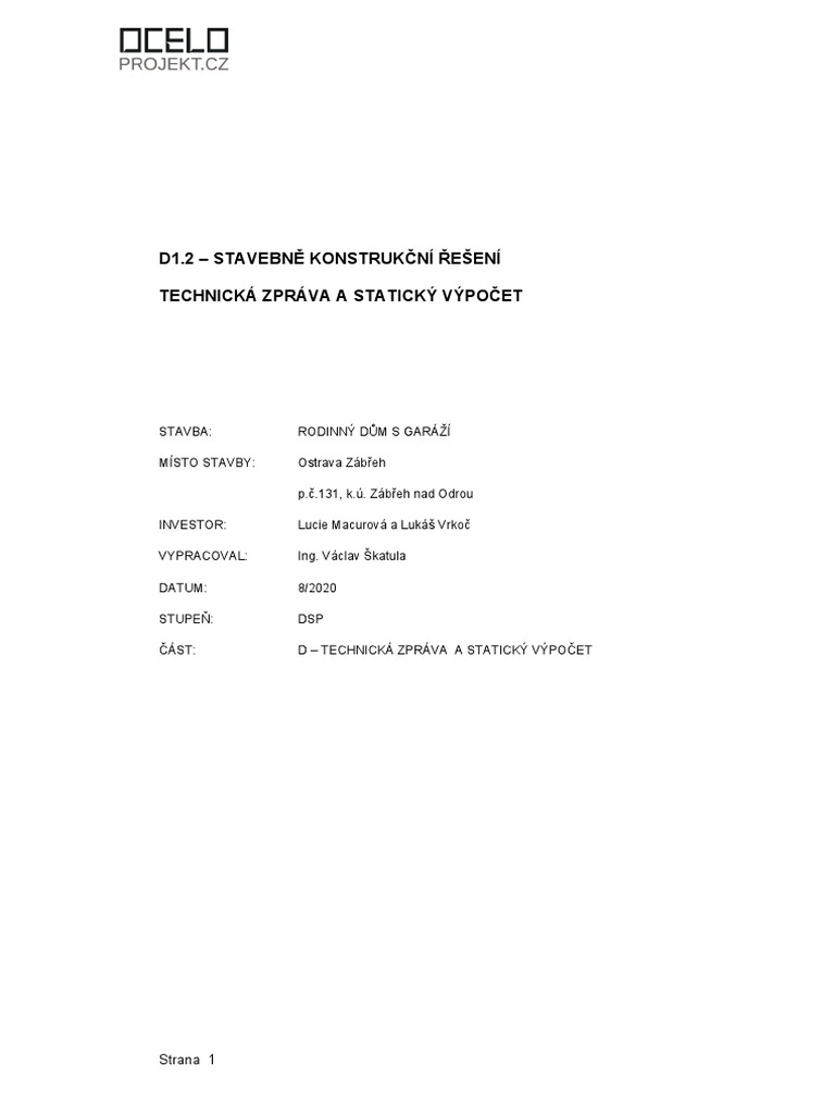 Technicka Zprava Staticky Vypocet z1 | PDF