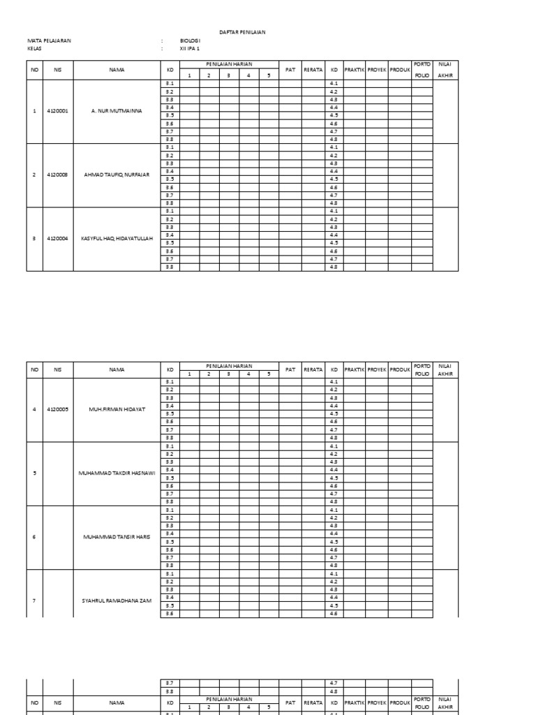 Daftar Penilaian Harian Ganjil 2022 | PDF