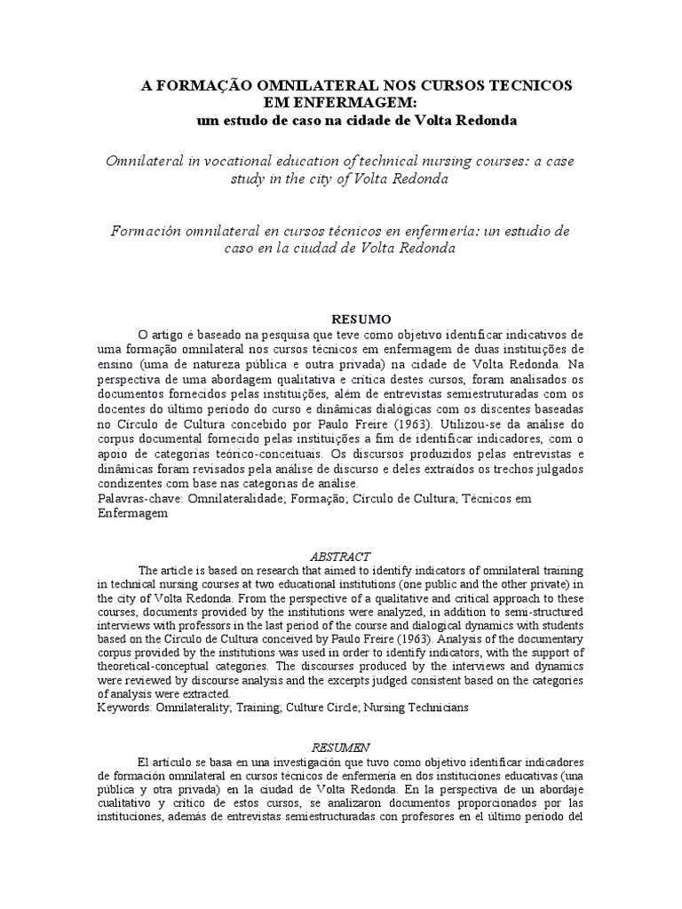 Artigo A FORMAÇÃO OMNILATERAL NOS CURSOS TECNICOS EM ENFERMAGEM | PDF ...